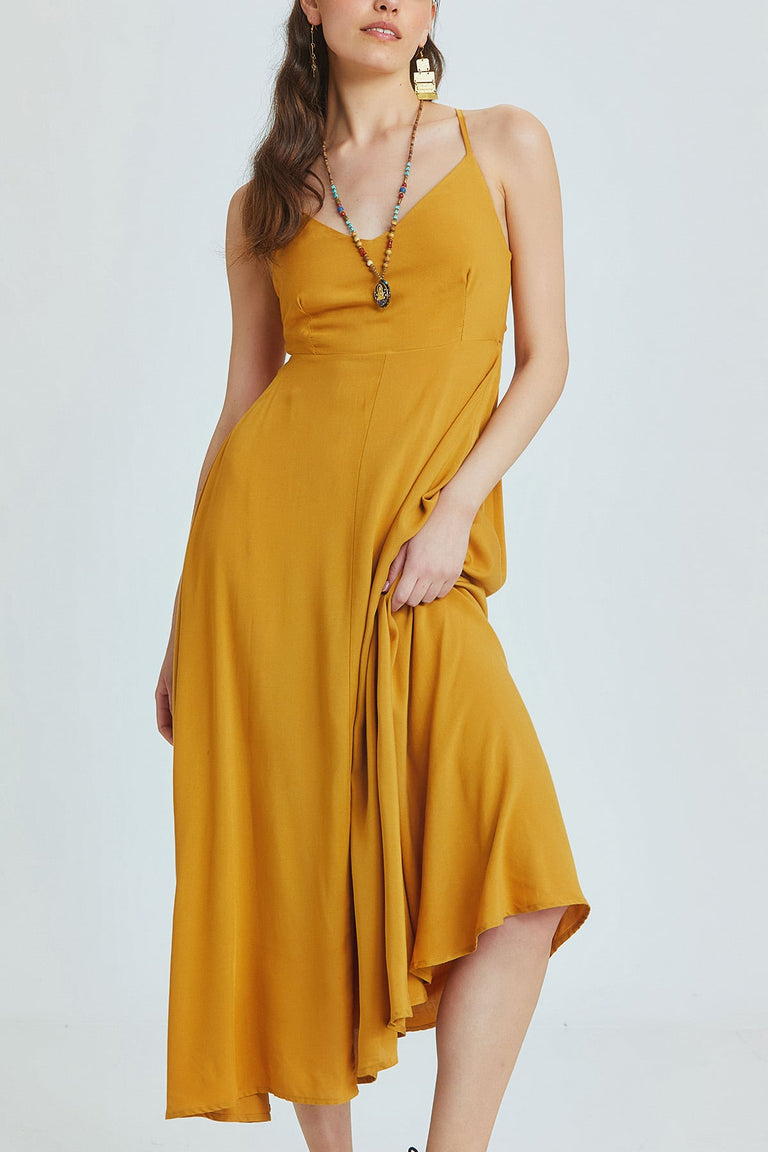 Sırt Detaylı Düz Renk Şık Bohem Elbise Sarı | Clandestino